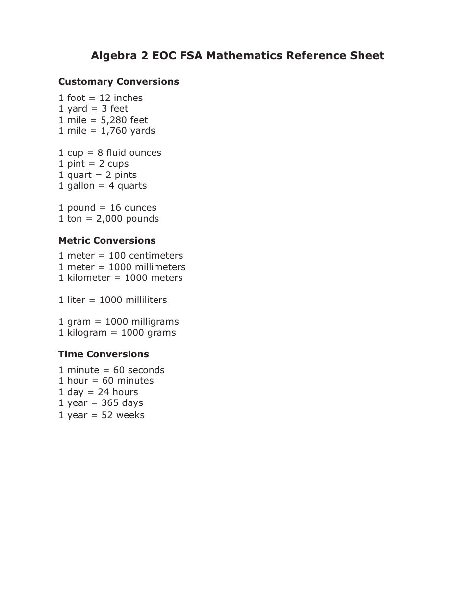 Algebra 2 Eoc FSA Mathematics Reference Sheet Download Printable PDF