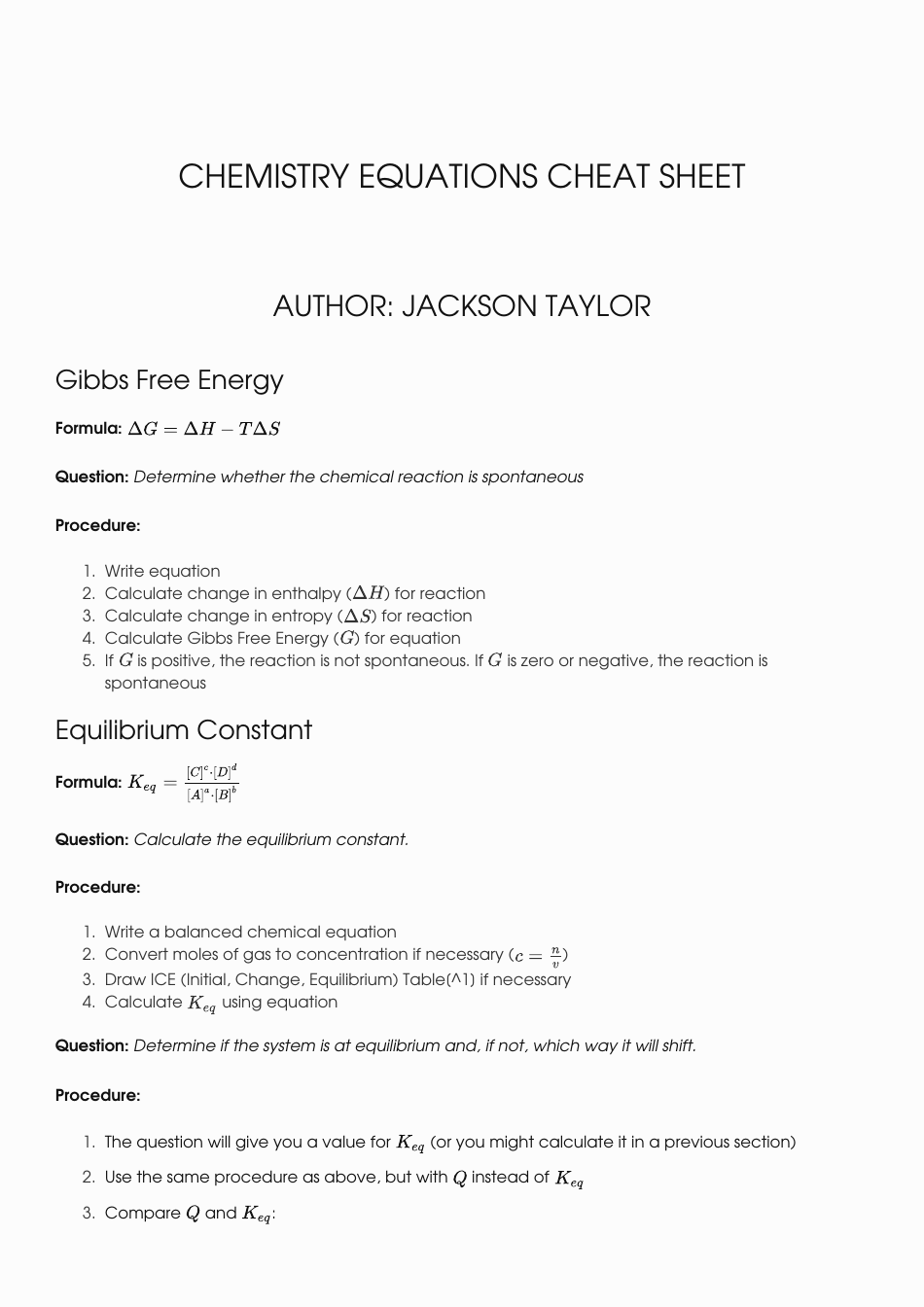 Chemistry Equations Cheat Sheet - Jackson Taylor Download Printable PDF ...