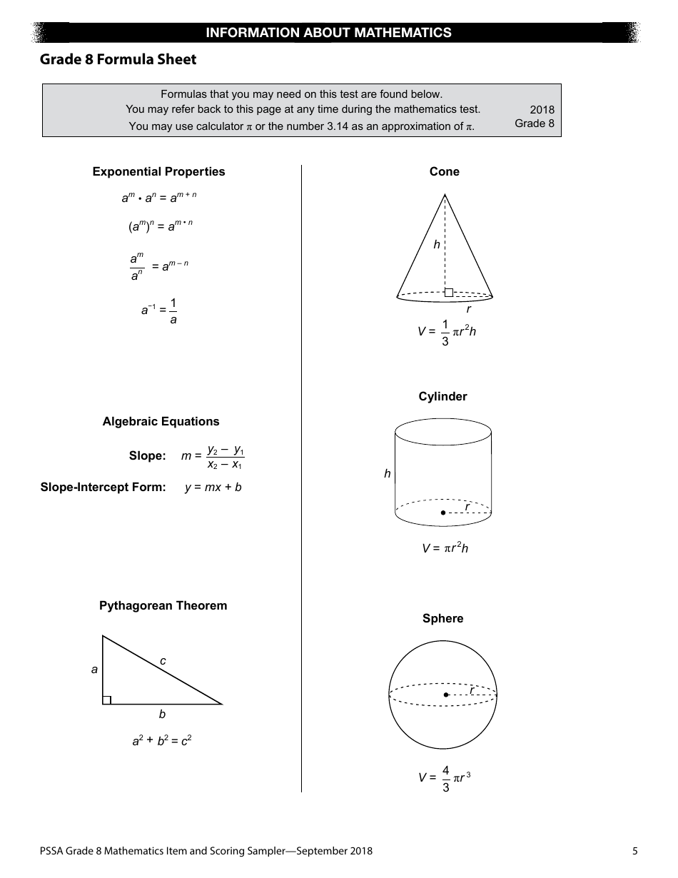 Grade 8 Mathematics Formula Sheet Pssa Download Printable PDF