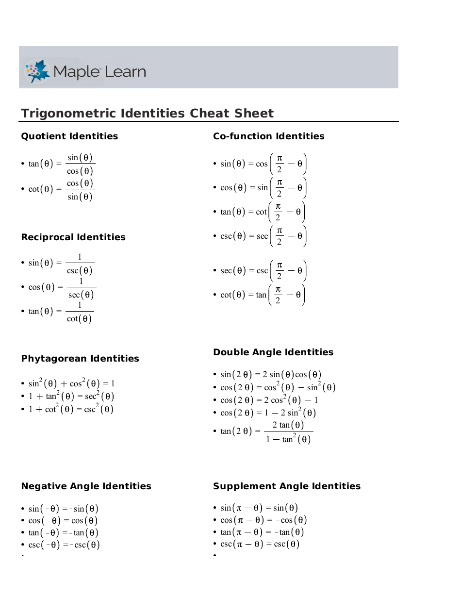 Trigonometric Identities Cheat Sheet Maple Learn Download Printable