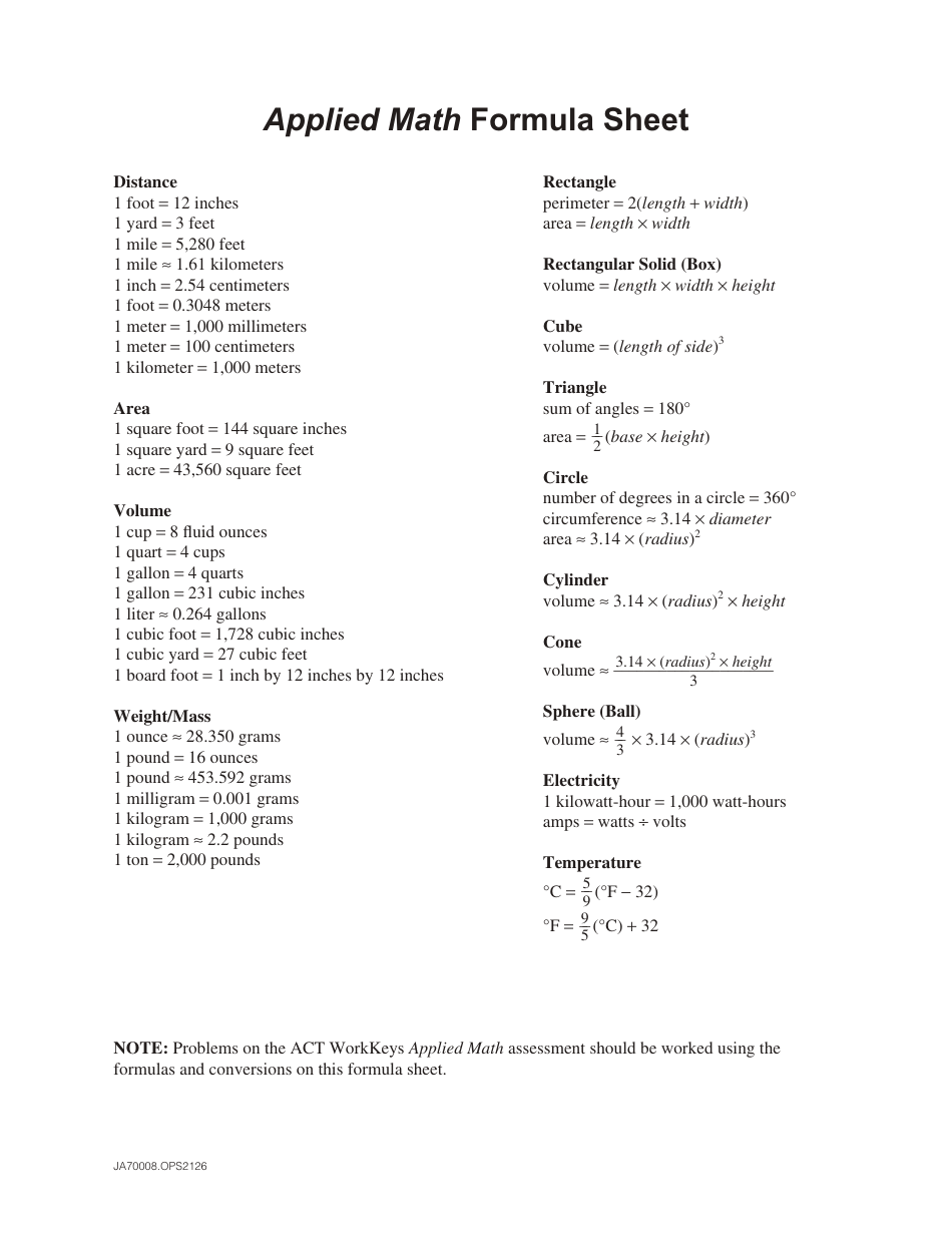 Applied Math Formula Sheet Download Printable PDF Templateroller