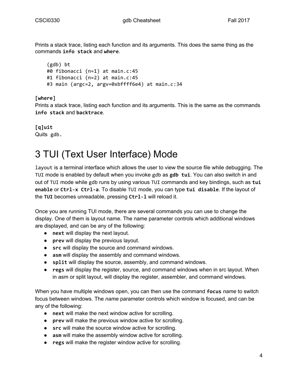 Gdb Cheat Sheet Fall 2017 Download Printable Pdf Templateroller