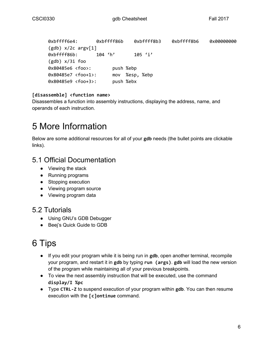 Gdb Cheat Sheet - Fall 2017 Download Printable PDF | Templateroller
