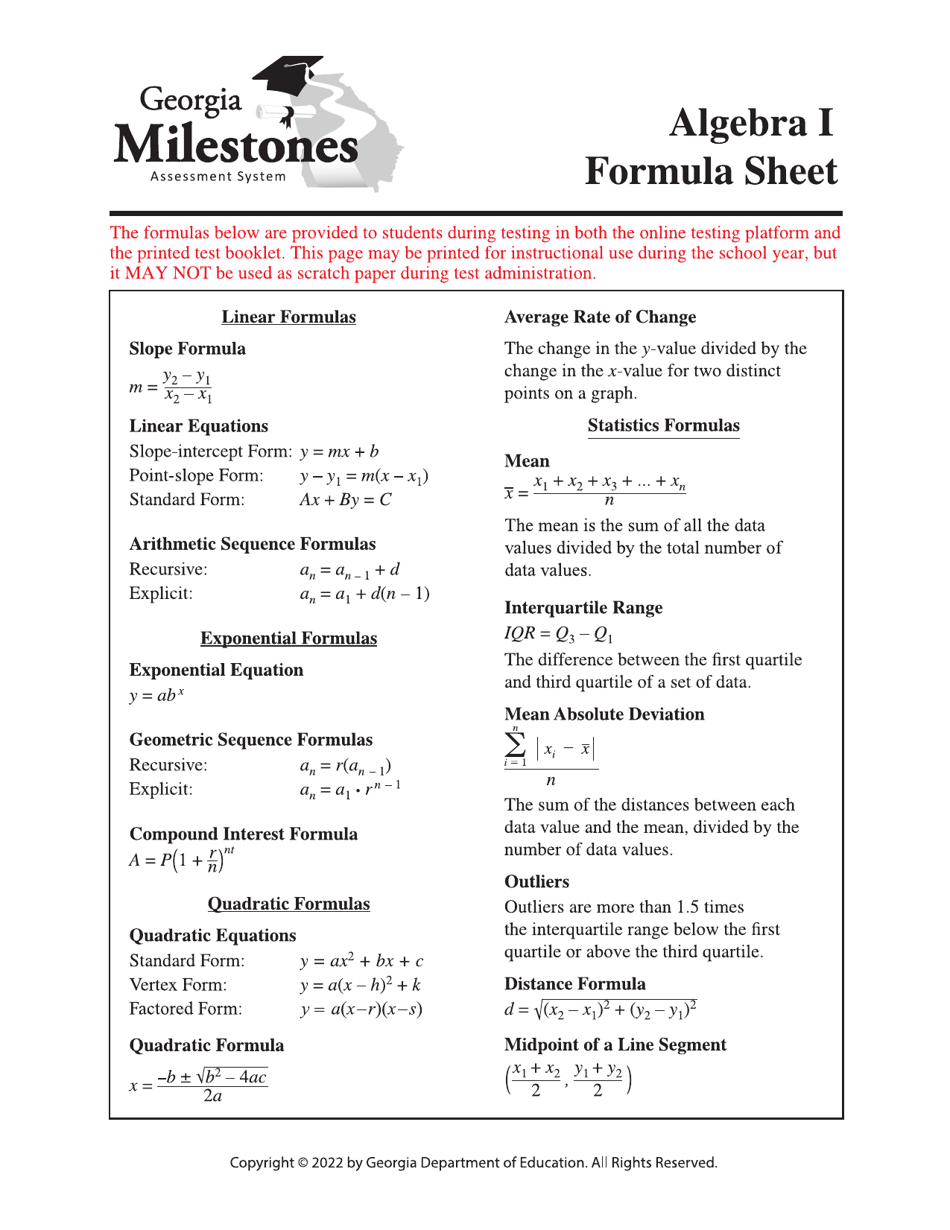 Algebra I Formula Sheet Download Printable PDF Templateroller