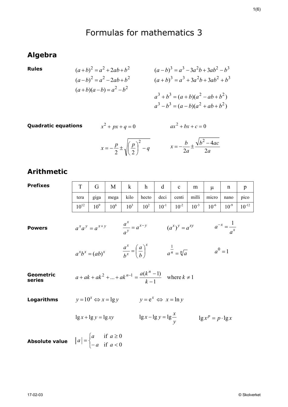 Formulas for Mathematics 3 Cheat Sheet Download Printable PDF ...