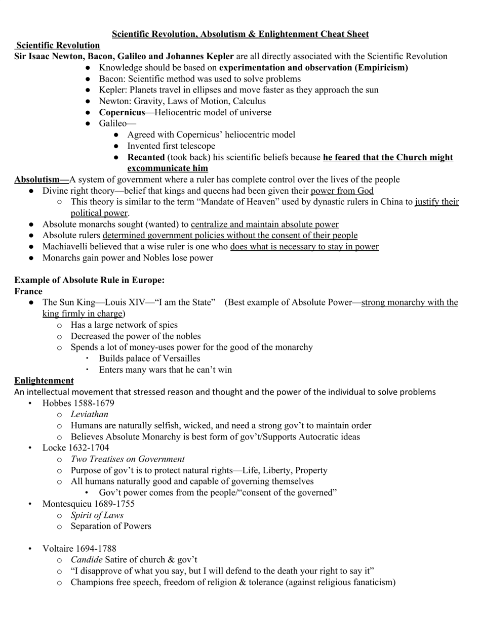 Scientific Revolution, Absolutism & Enlightenment Cheat Sheet Download ...
