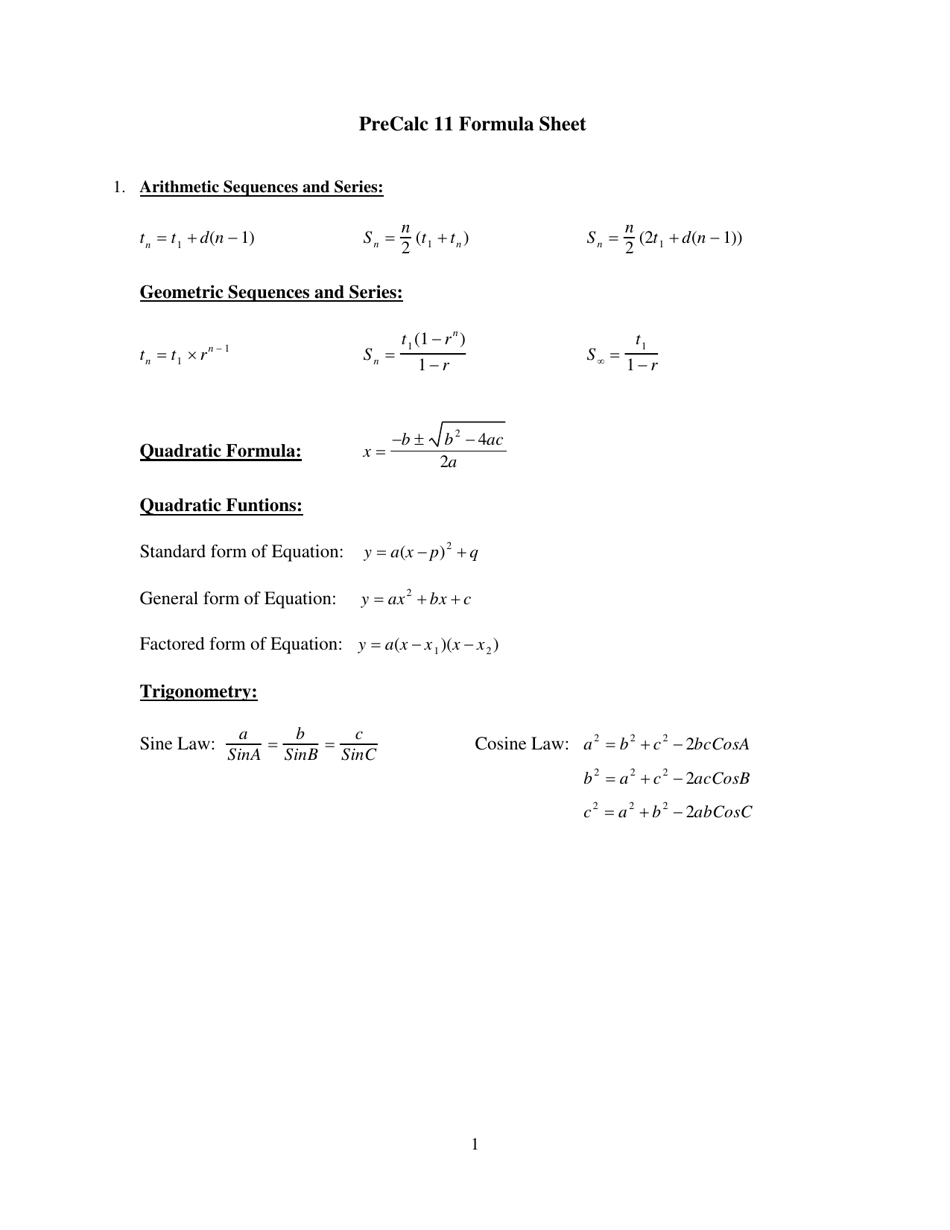 Pre calculus 11 Formula Cheat Sheet Download Printable PDF Templateroller