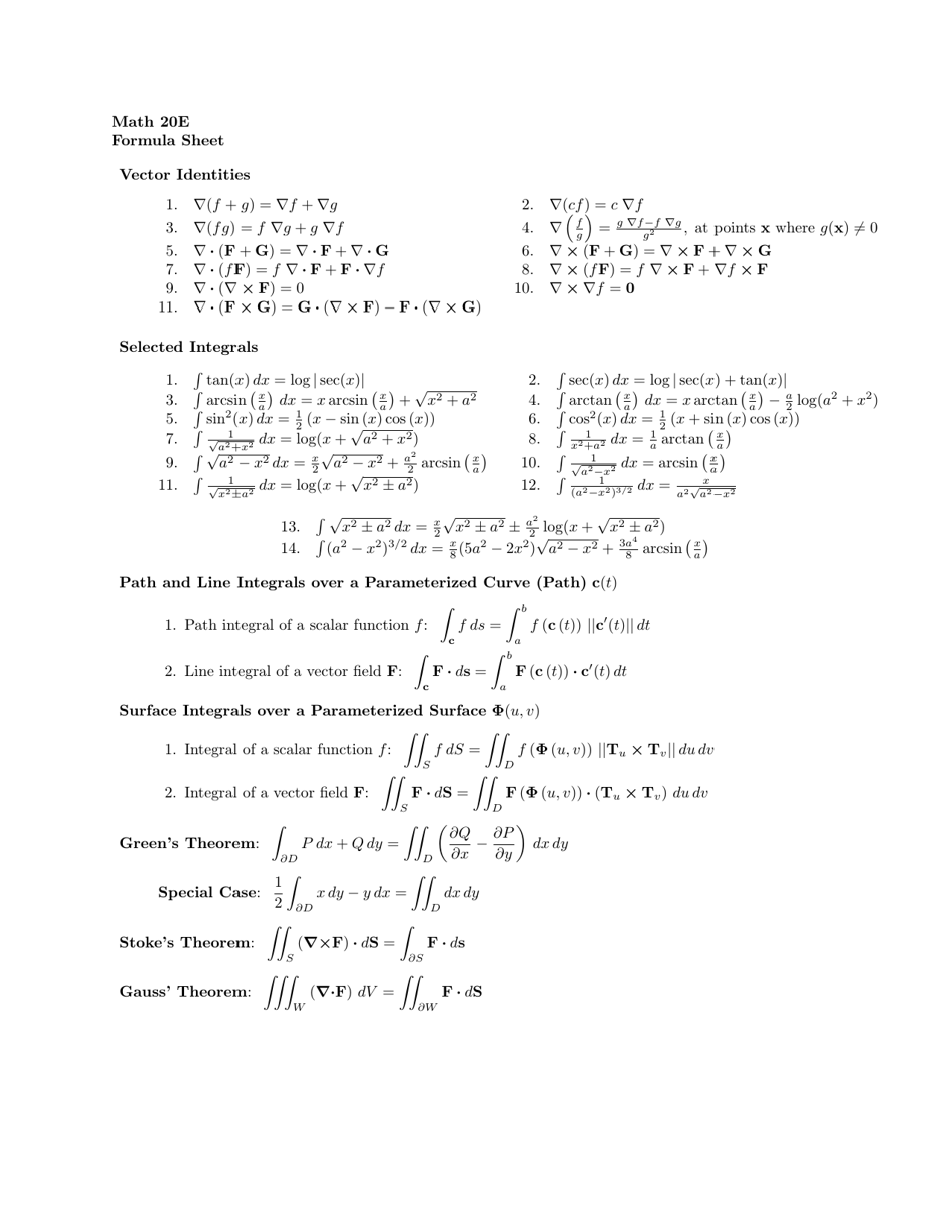 Math 20e Formula Sheet Download Printable PDF | Templateroller