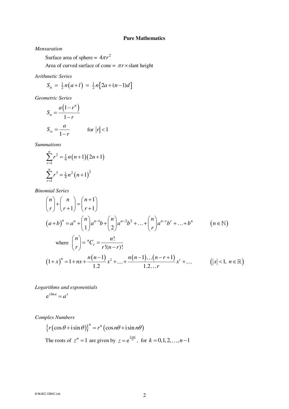 Gce As A Level Further Mathematics Formula Sheet Download Printable PDF