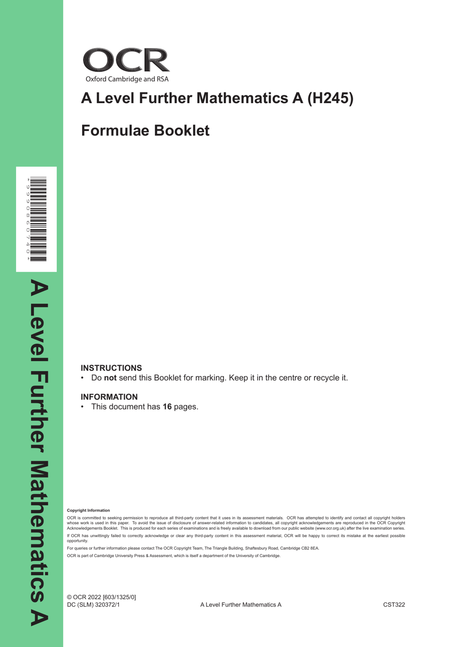 A Level Further Mathematics a (H245) Formula Cheat Sheet Download ...