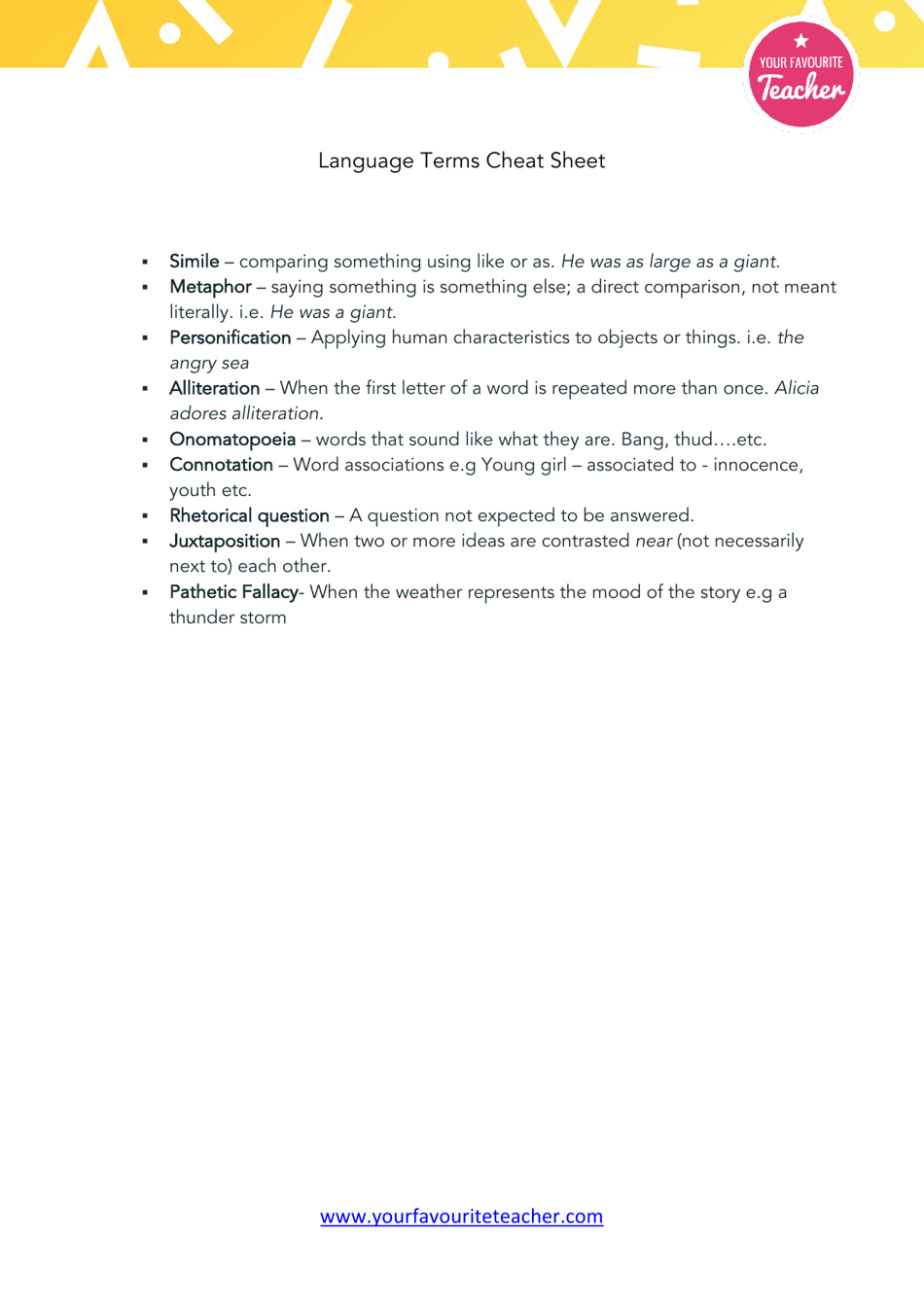 Language Terms Cheat Sheet - Figures of Speech Download Printable PDF ...