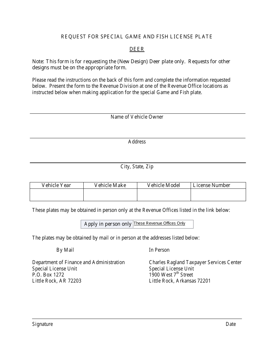 Arkansas Request for Special Game and Fish License Plate - Deer - Fill ...