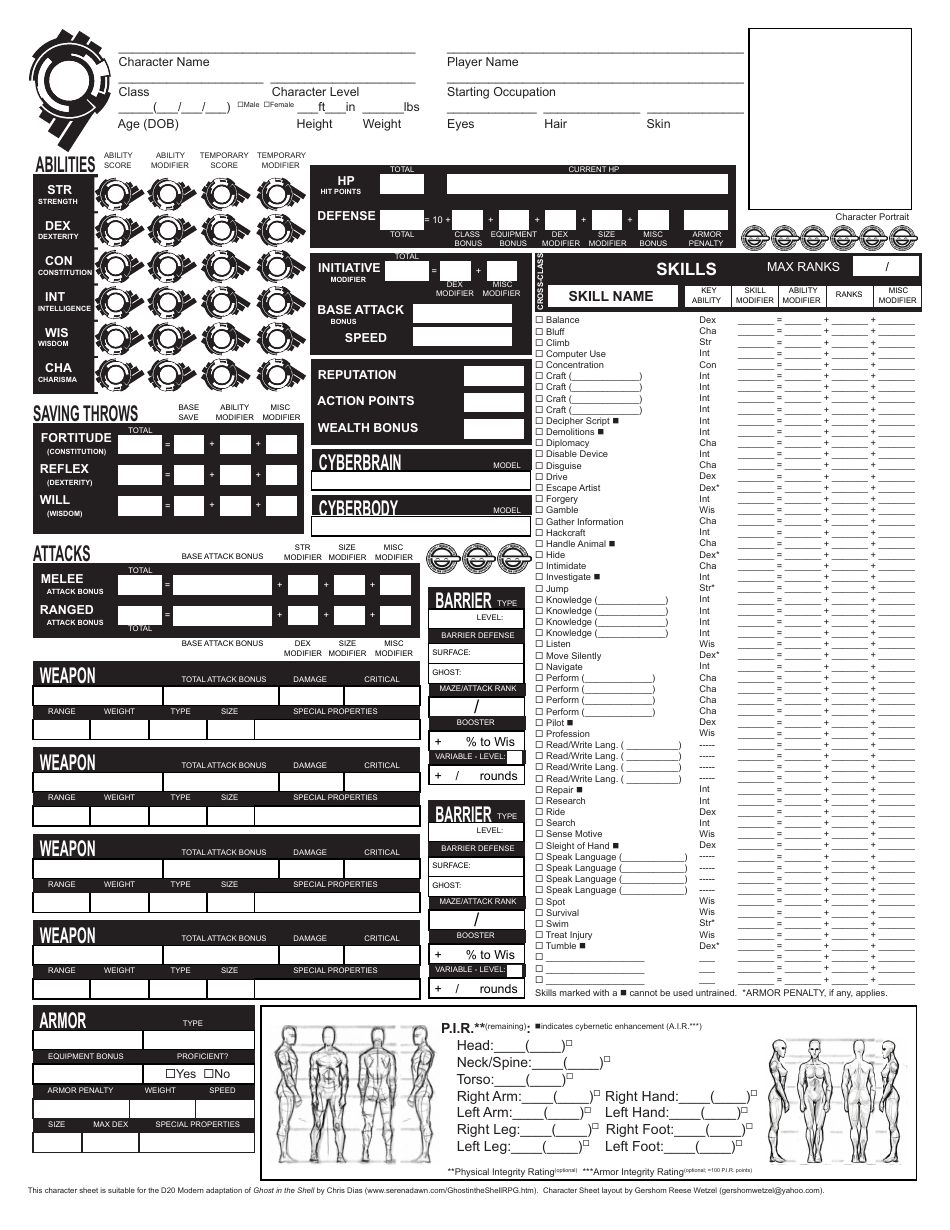 Ghost in the Shell Character Sheet Template Download Printable PDF ...