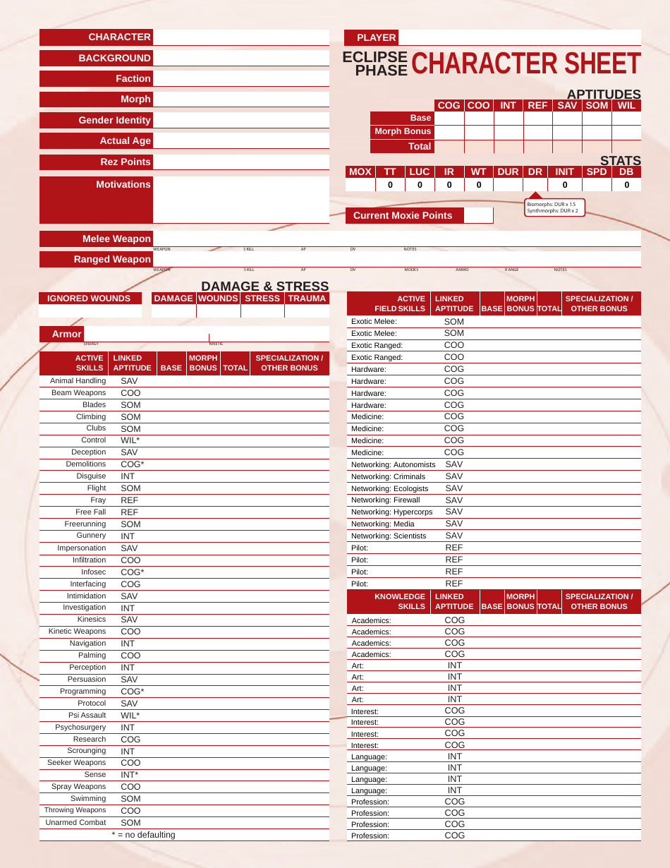 Eclipse Phase Character Sheet Download Printable PDF | Templateroller