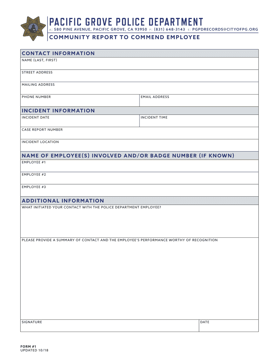 Form 1 - Fill Out, Sign Online and Download Fillable PDF, City of Pacific Grove, California ...