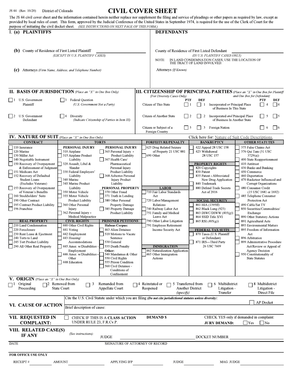 Form JS44 - Fill Out, Sign Online and Download Fillable PDF, Colorado ...