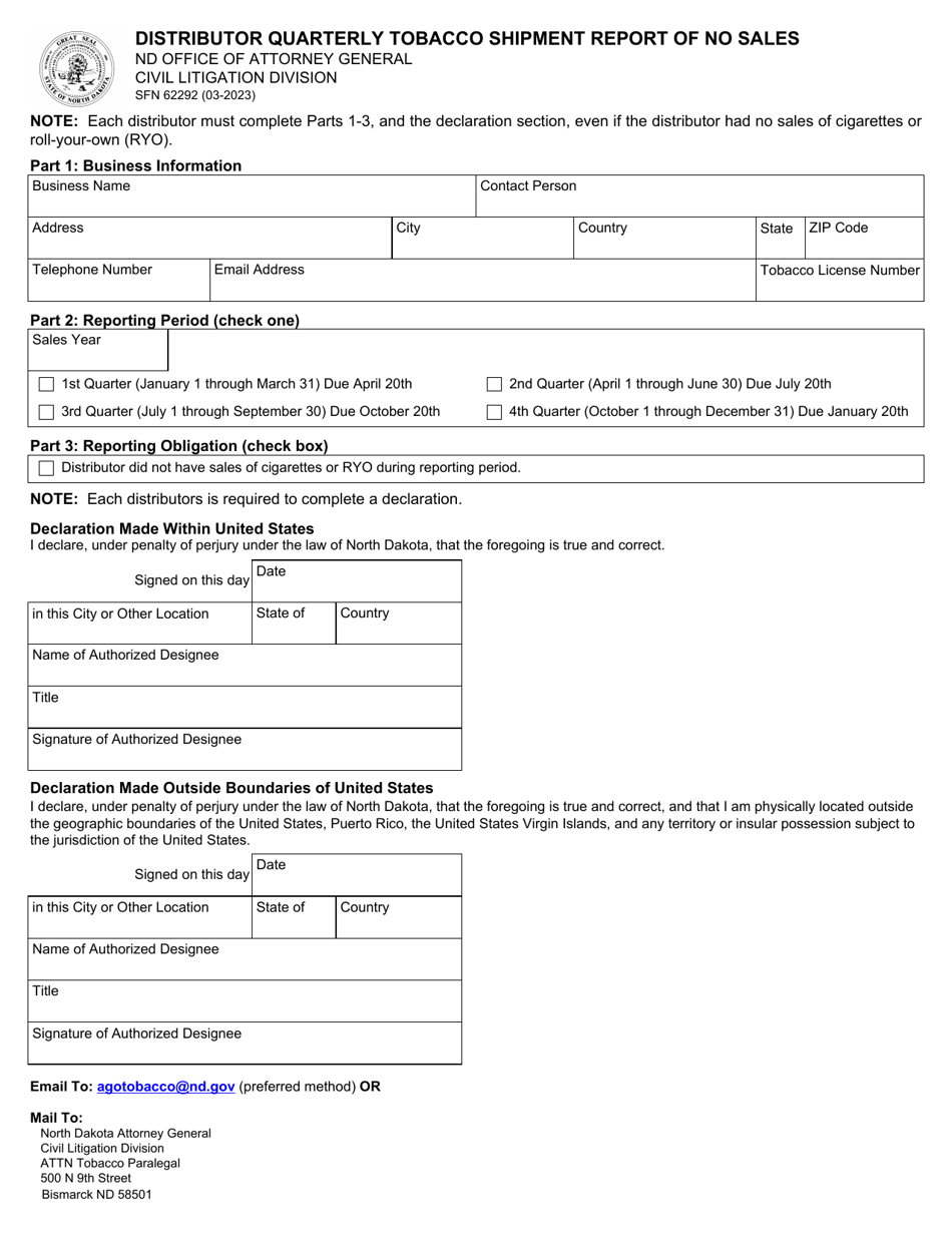 Form SFN62292 - Fill Out, Sign Online and Download Fillable PDF, North ...