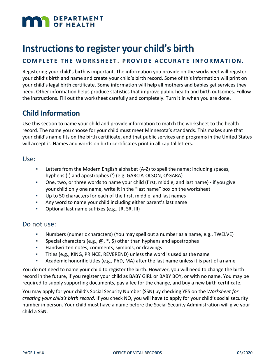 Minnesota Worksheet for Creating Your Child's Birth Record Download ... Minnesota Worksheet for Creating Your Child's Birth Record Download ...