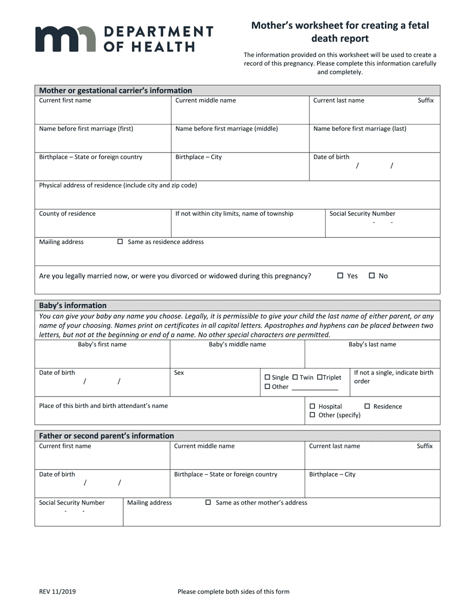 Minnesota Mother's Worksheet for Creating a Fetal Death Report - Fill ...