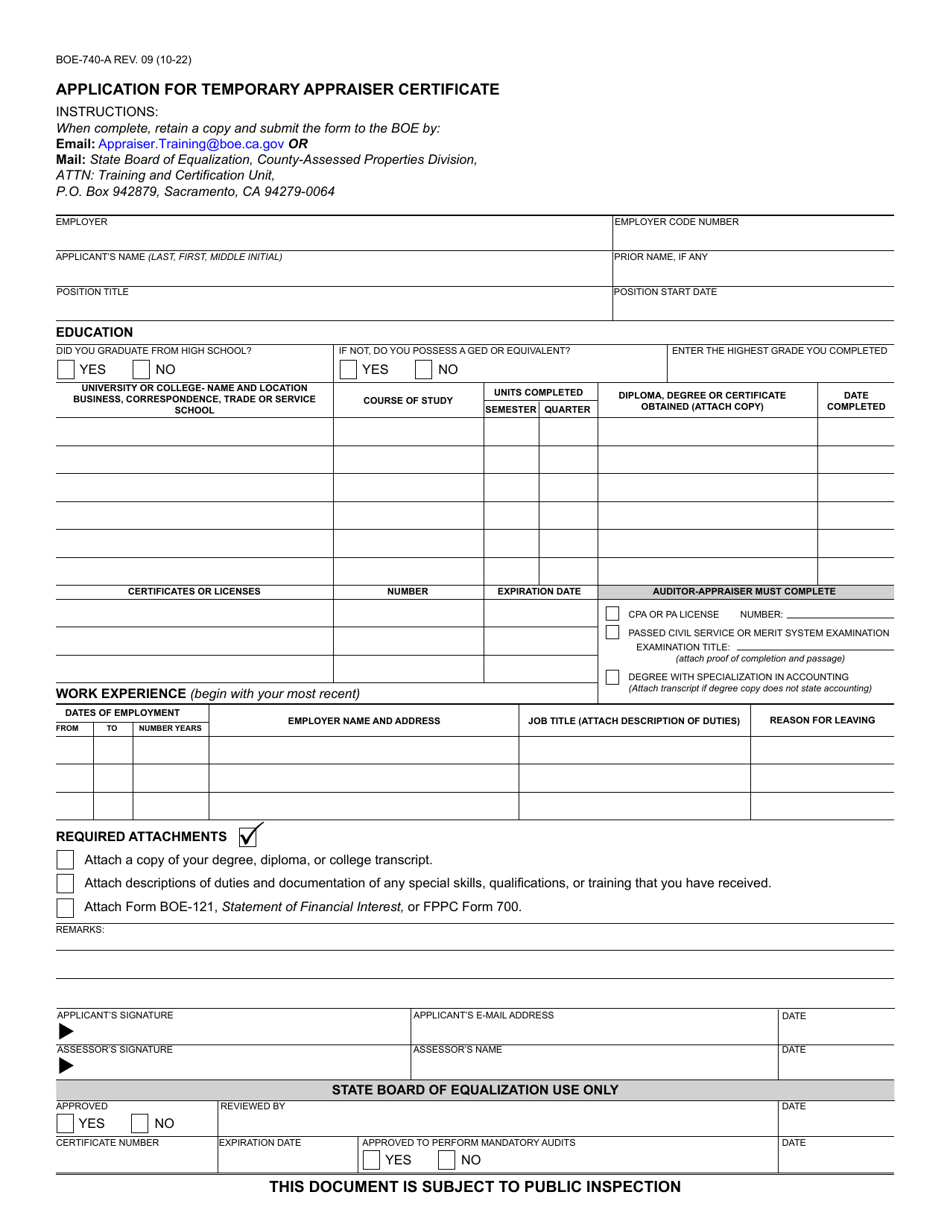 Form BOE-740-A Download Fillable PDF or Fill Online Application for Temporary Appraiser ...