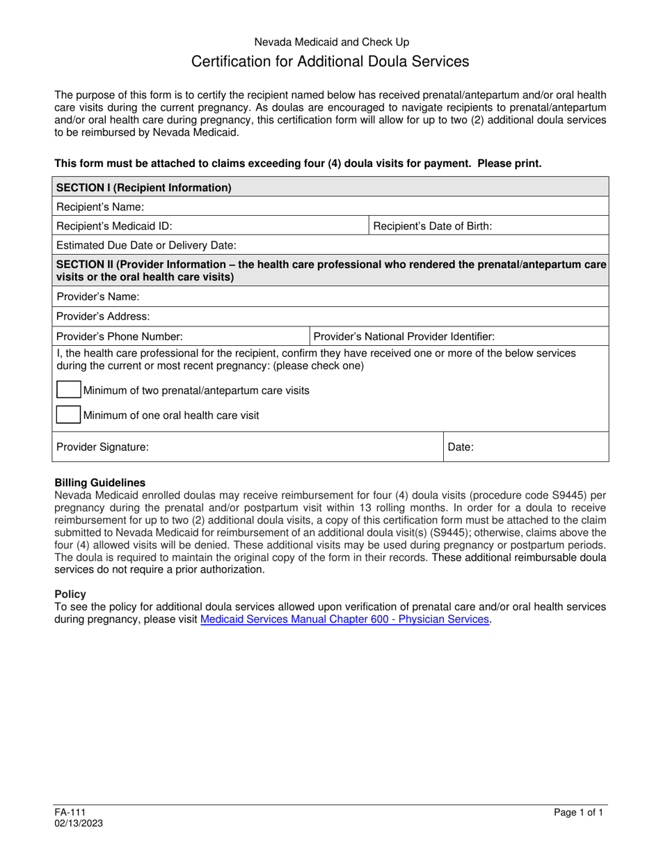 Form FA-111 - Fill Out, Sign Online and Download Fillable PDF, Nevada ...