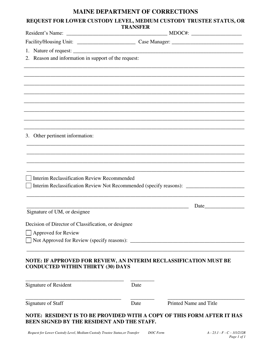 Maine Request for Lower Custody Level, Medium Custody Trustee Status ...