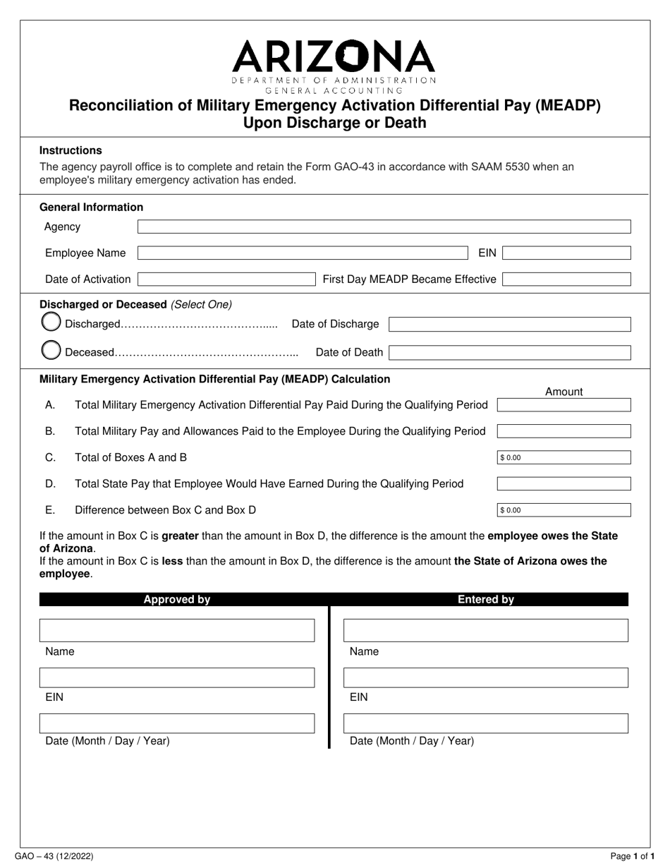 Form GAO-43 - Fill Out, Sign Online and Download Fillable PDF, Arizona | Templateroller