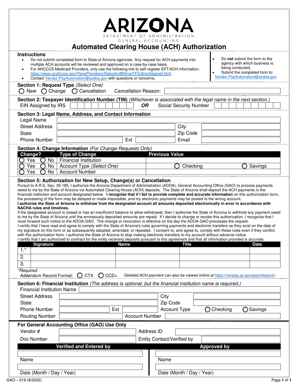 Form GAO-618 Download Fillable PDF or Fill Online Automated Clearing ...