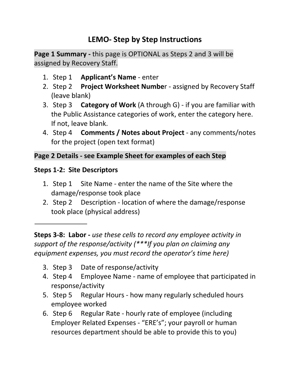 Download Instructions for Labor, Equipment, Materials, and Others (Lemo) PDF | Templateroller