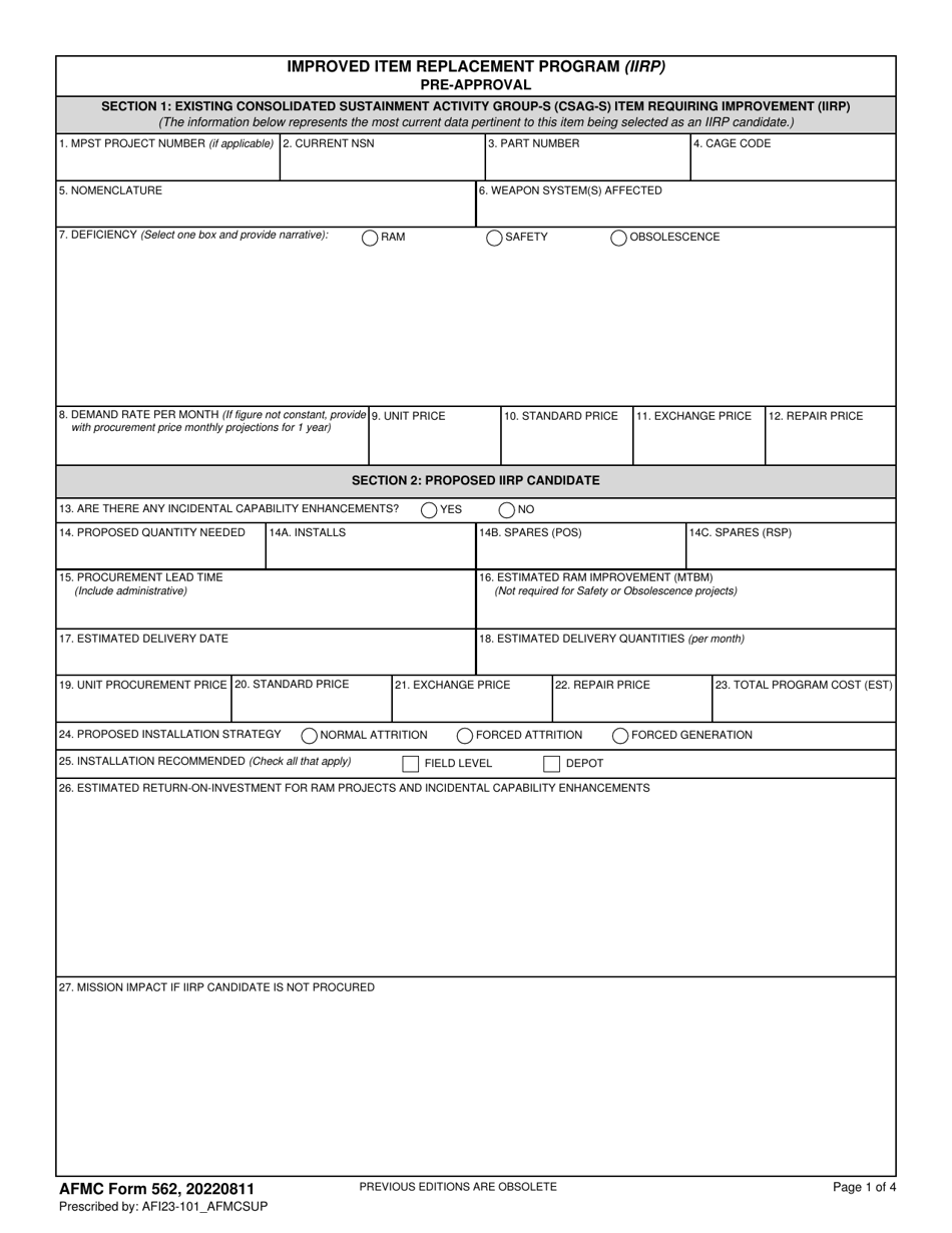AFMC Form 562 Download Fillable PDF or Fill Online Improved Item ...