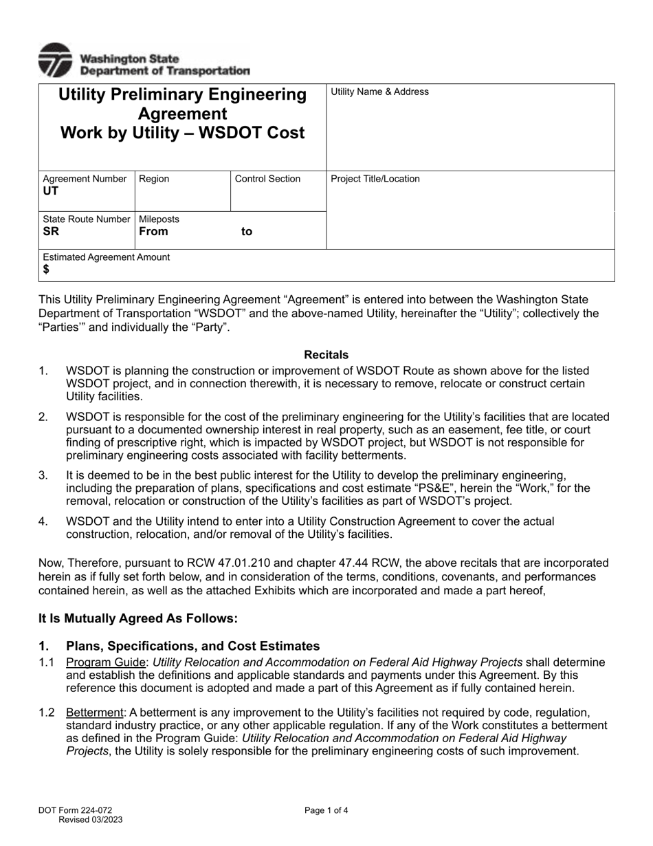 DOT Form 224-072 Download Fillable PDF or Fill Online Utility ...