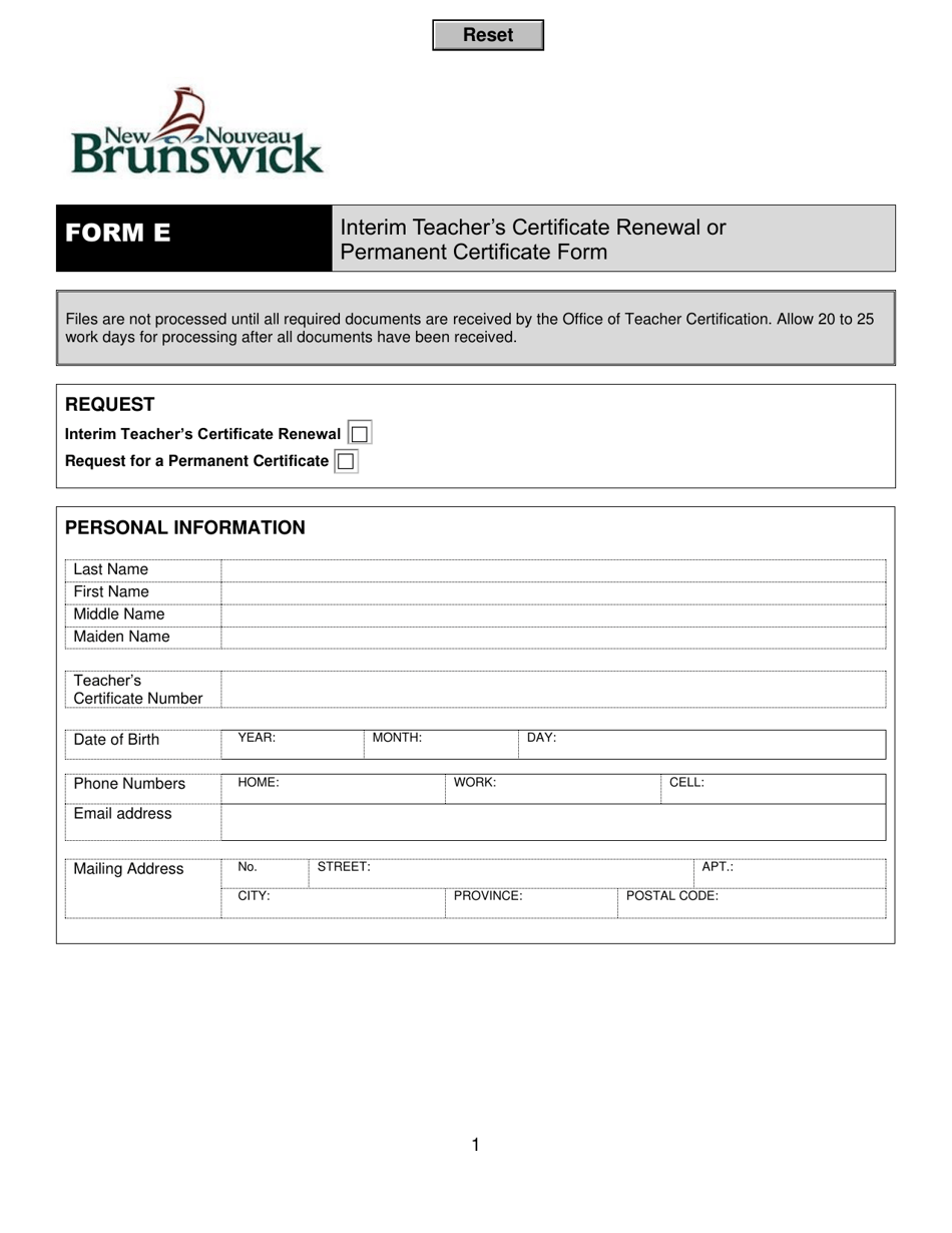 Form E Download Fillable PDF or Fill Online Interim Teacher's ...
