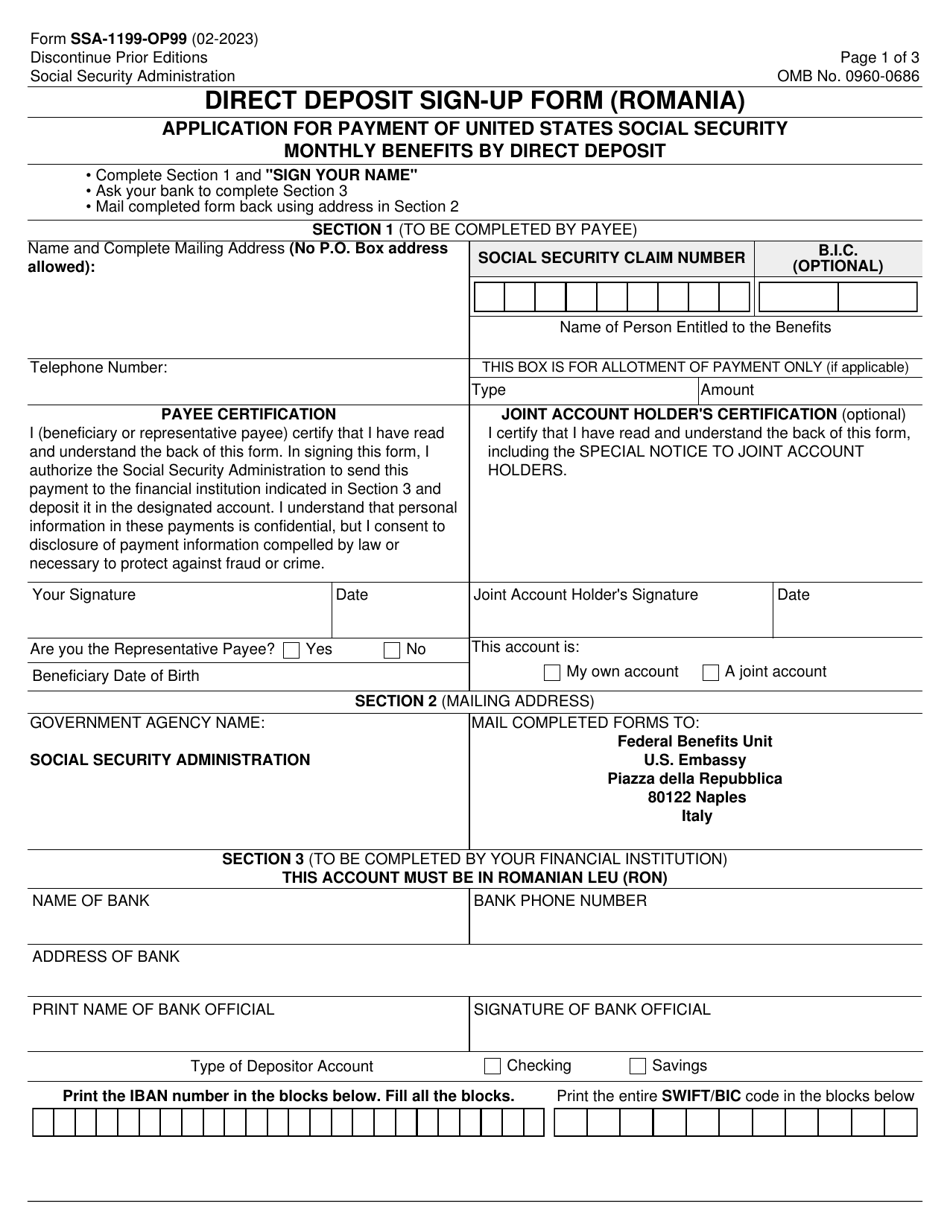 Form SSA-1199-OP99 Download Fillable PDF or Fill Online Direct Deposit ...