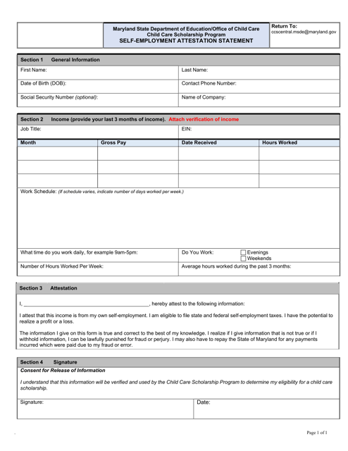 Maryland Self-employment Attestation Statement - Child Care Scholarship ... Maryland Self-employment Attestation Statement - Child Care Scholarship ...