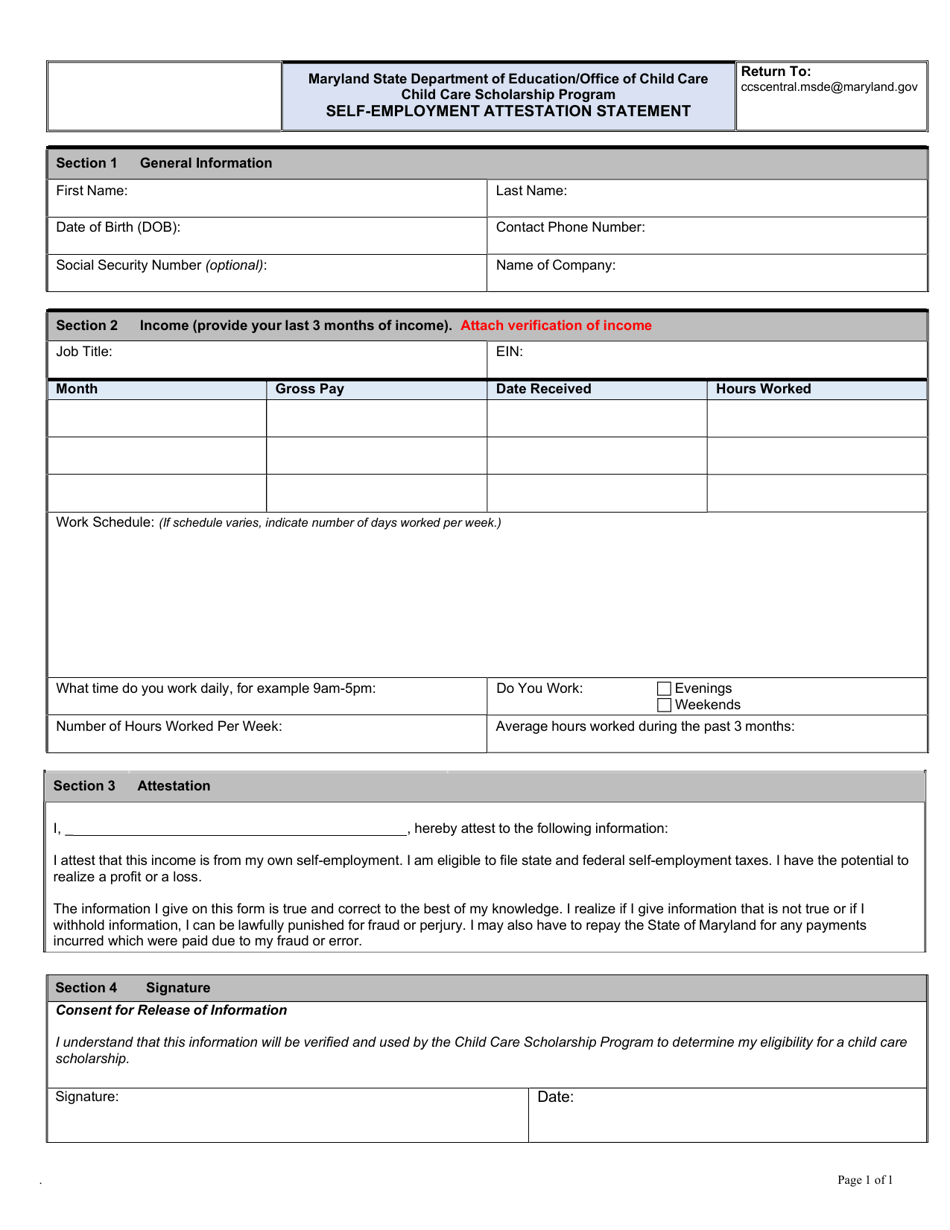 Maryland Self-employment Attestation Statement - Child Care Scholarship ... Maryland Self-employment Attestation Statement - Child Care Scholarship ...