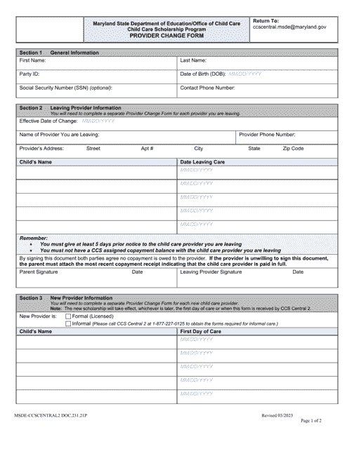 Form DOC.231.21P Download Fillable PDF or Fill Online Provider Change Form - Child Care ...