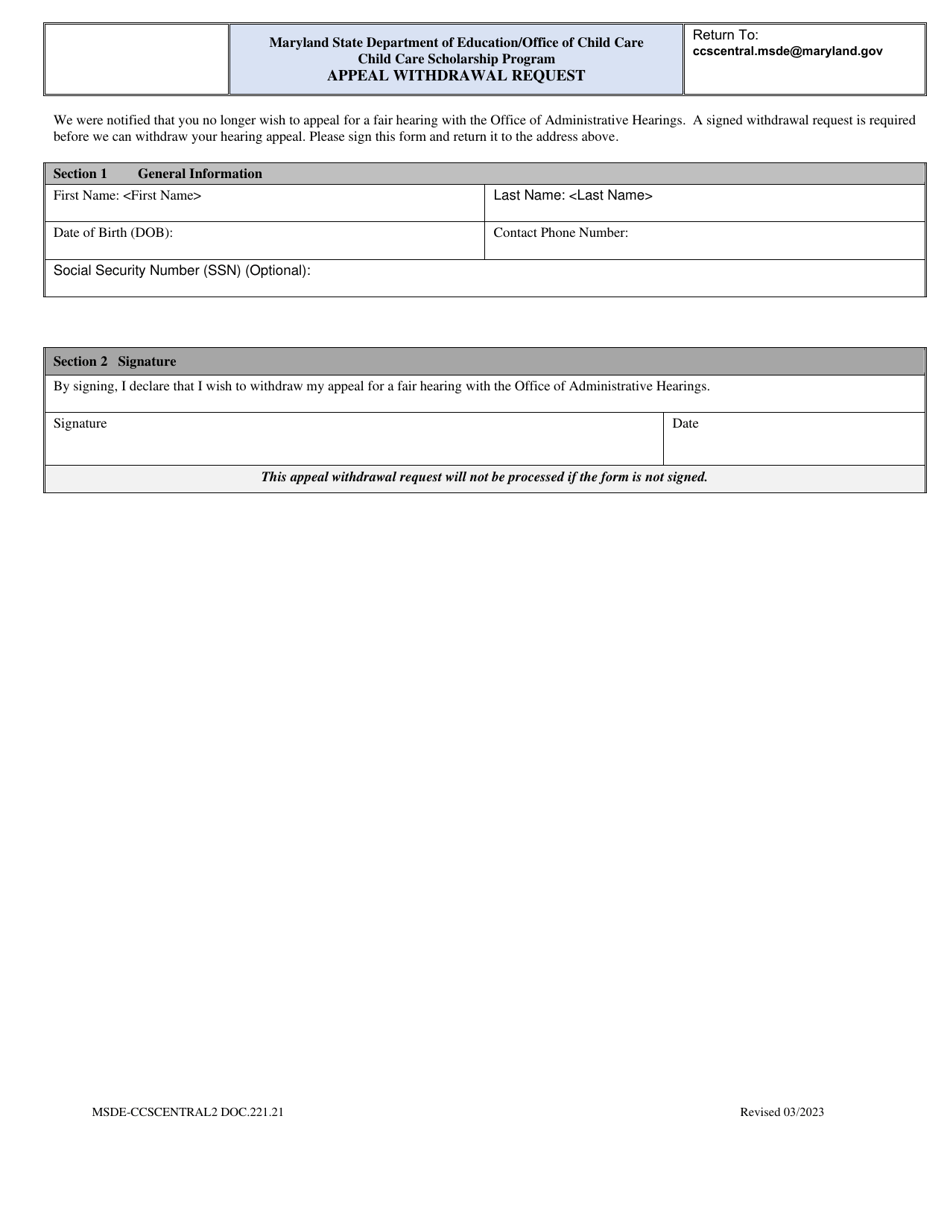 Form DOC.221.21 Download Printable PDF or Fill Online Appeal Withdrawal ...