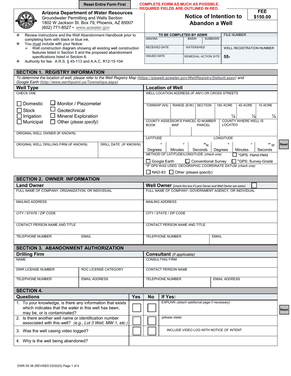 Form DWR55-38 Download Fillable PDF or Fill Online Notice of Intent to ...