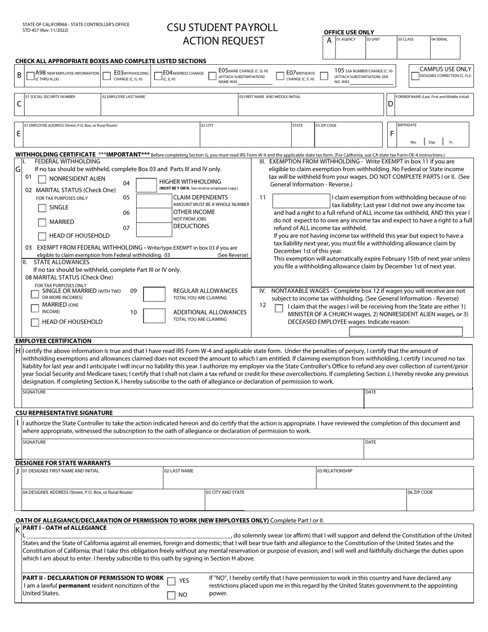Form STD457 - Fill Out, Sign Online and Download Fillable PDF ...