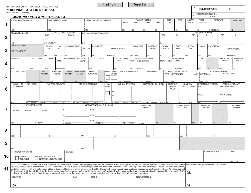 Form STD.680A Download Fillable PDF or Fill Online Personnel Action ...