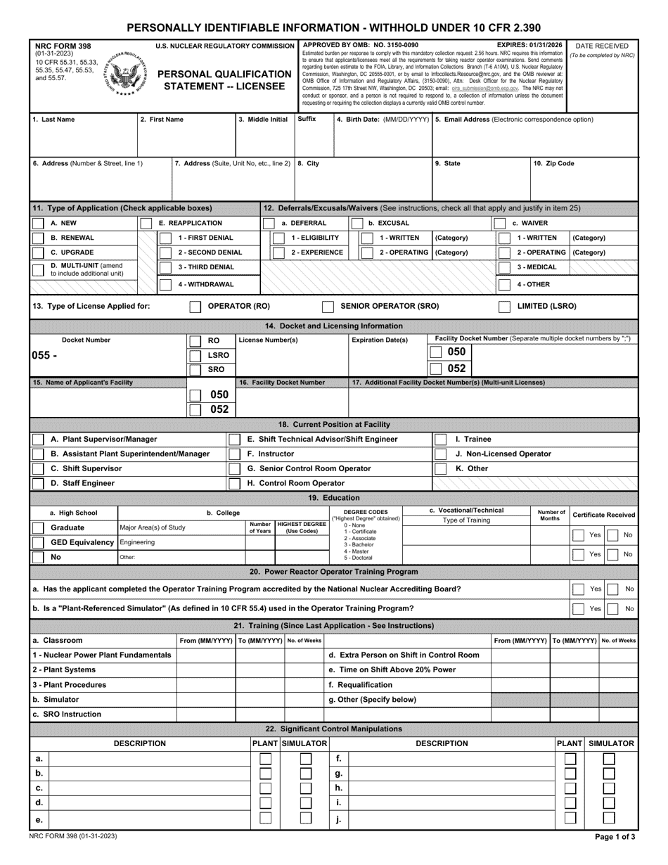 NRC Form 398 - Fill Out, Sign Online and Download Fillable PDF | Templateroller