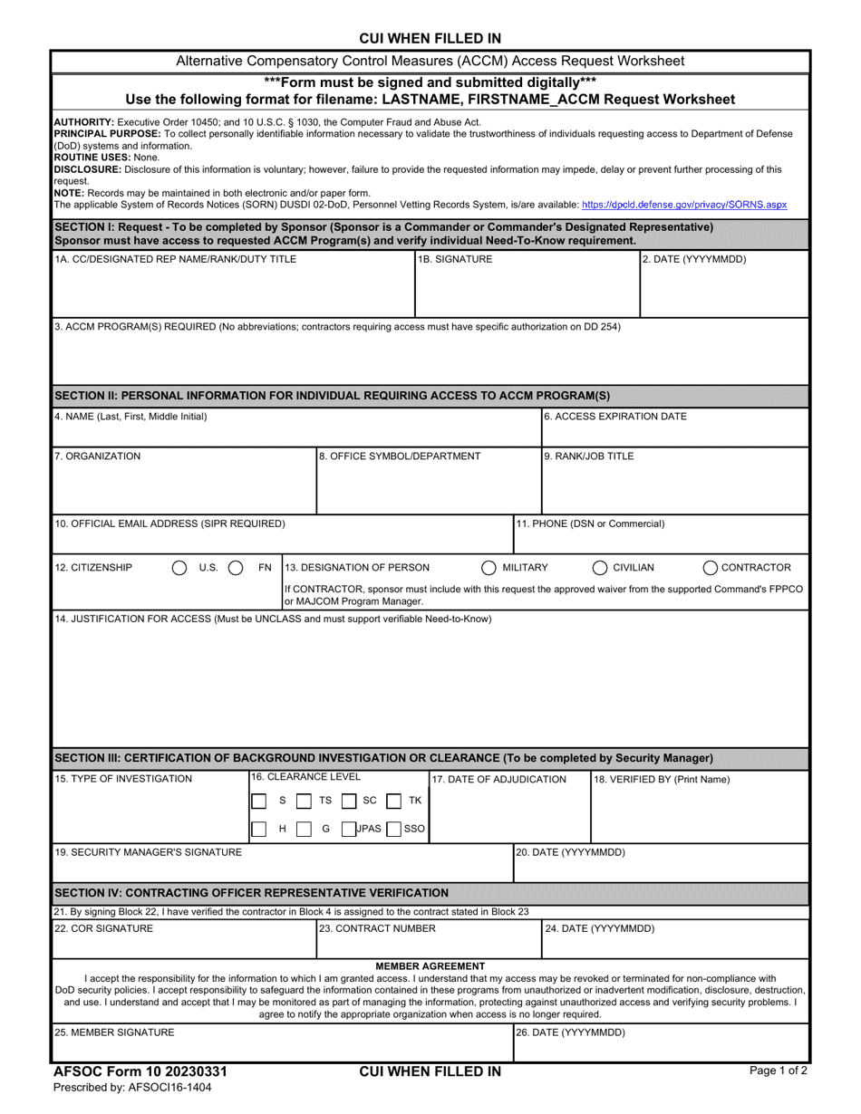 AFSOC Form 10 Download Fillable PDF or Fill Online Alternatinve ...