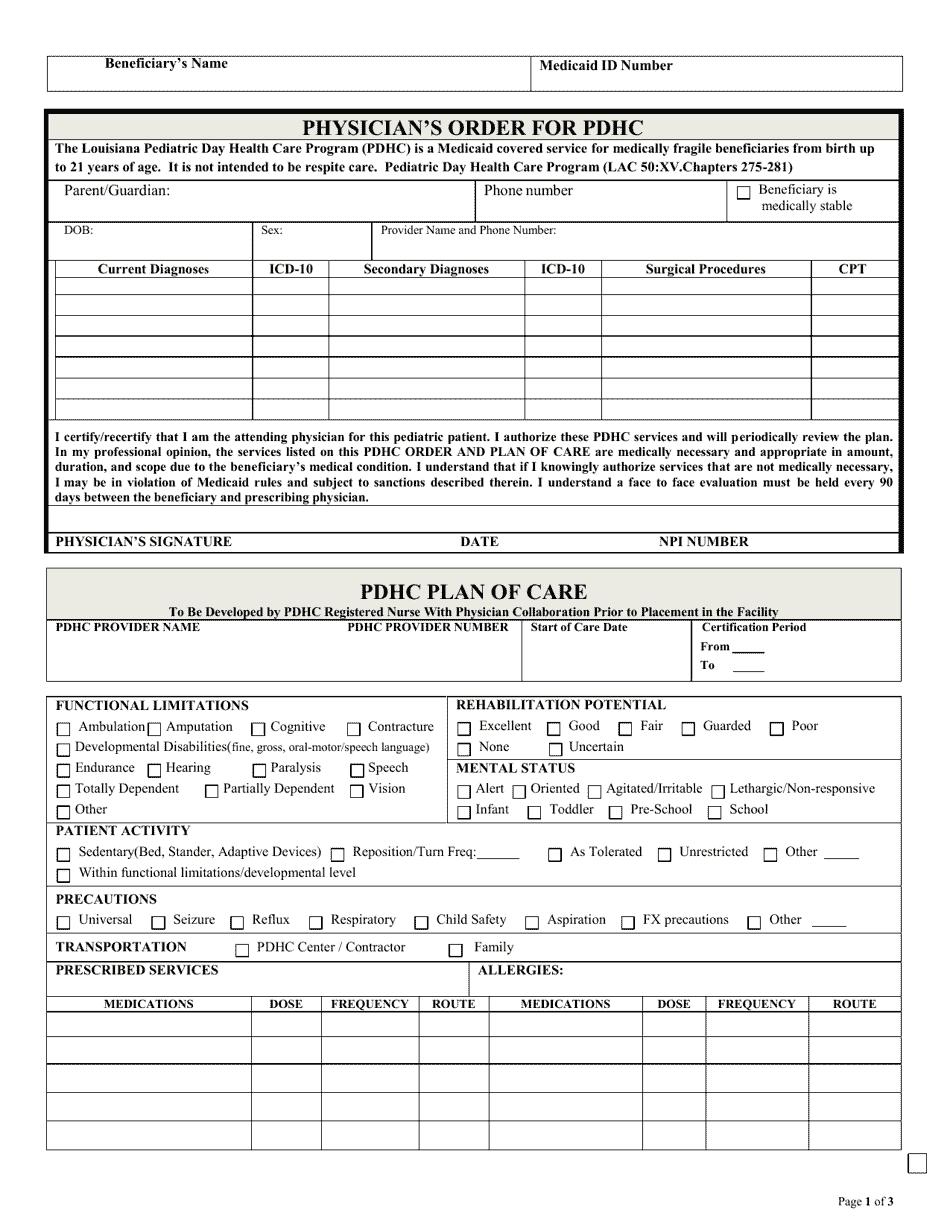 Louisiana Physician's Order for Pdhc - Fill Out, Sign Online and ...