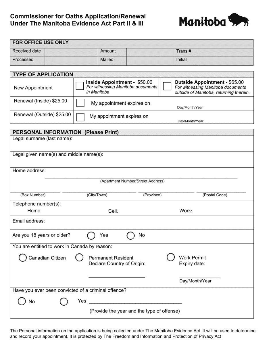 Manitoba Canada Commissioner for Oaths Application/Renewal - Fill Out ...