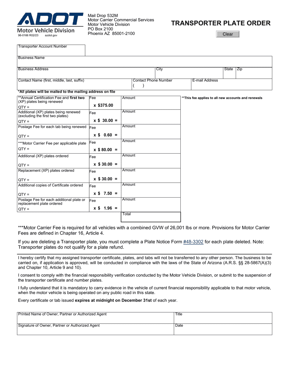 Form 96-0166 Download Fillable PDF or Fill Online Transporter Plate ...