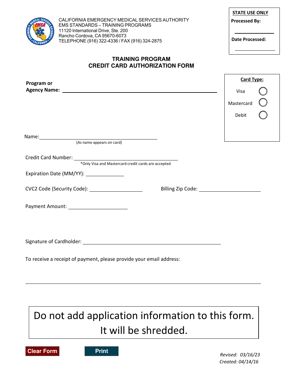 California Credit Card Authorization Form - Training Program - Fill Out ...