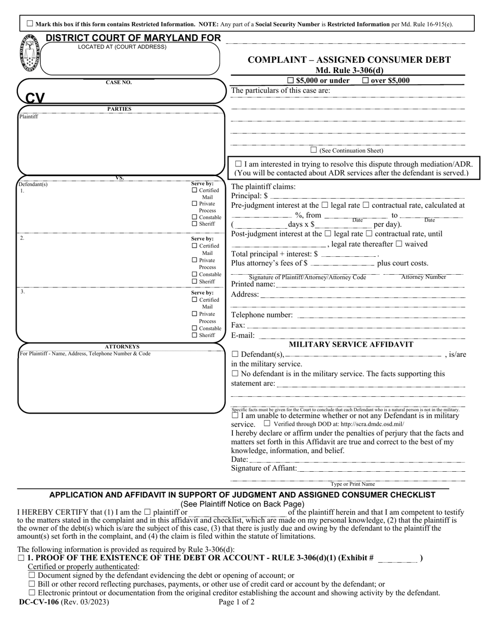 Form DC-CV-106 - Fill Out, Sign Online and Download Fillable PDF, Maryland | Templateroller