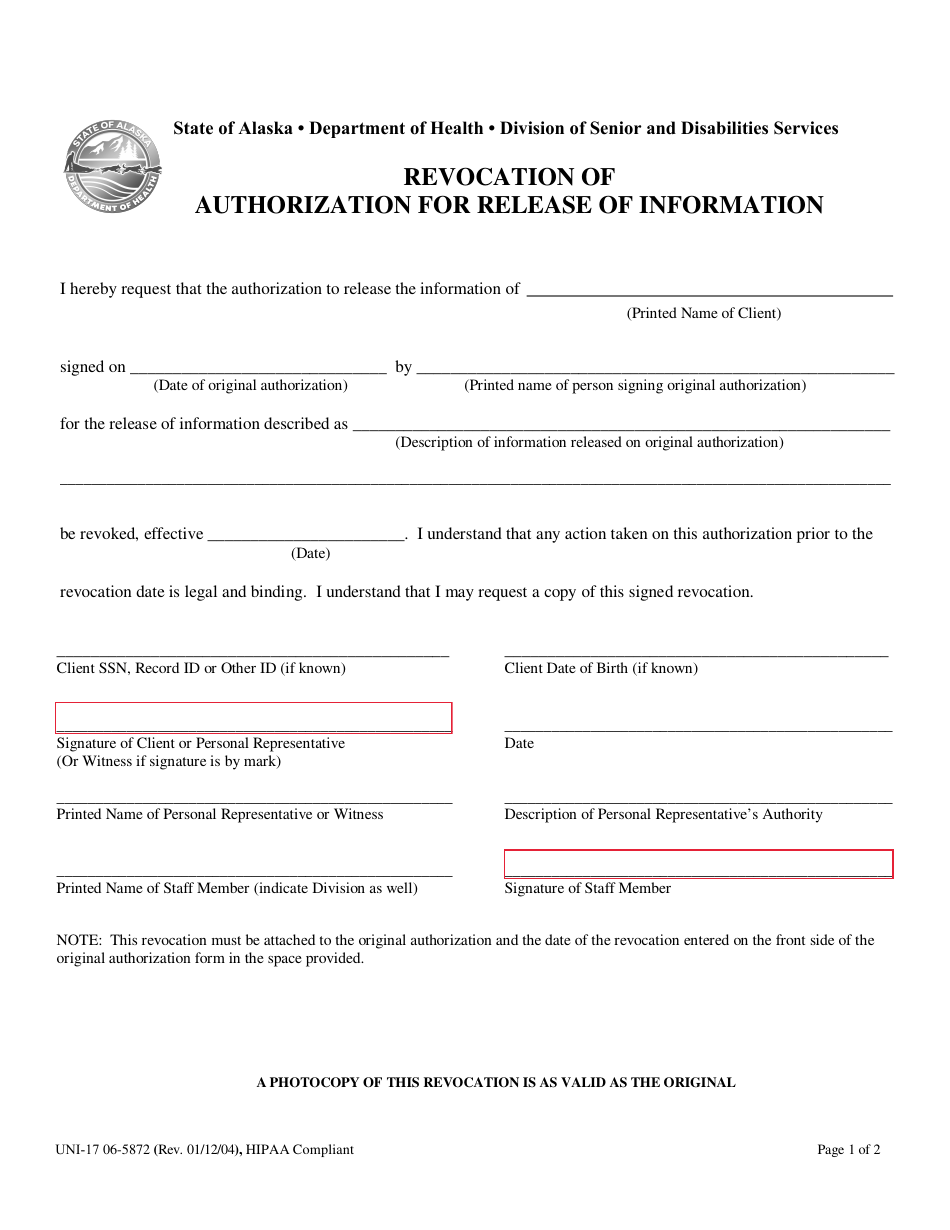 Form UNI-17 Download Fillable PDF or Fill Online Revocation of Authorization for Release of ...