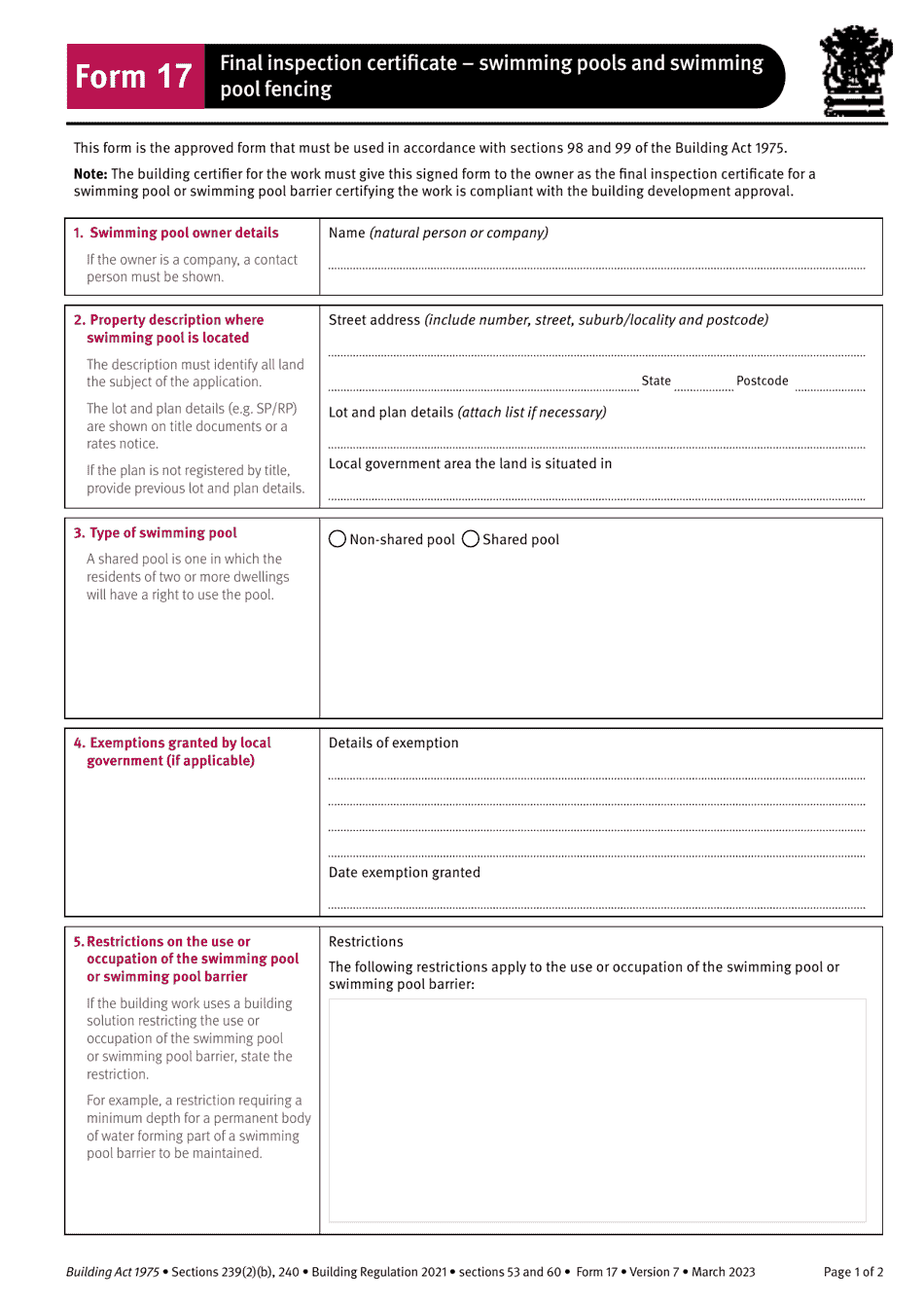 Form 17 Download Fillable PDF or Fill Online Final Inspection ...