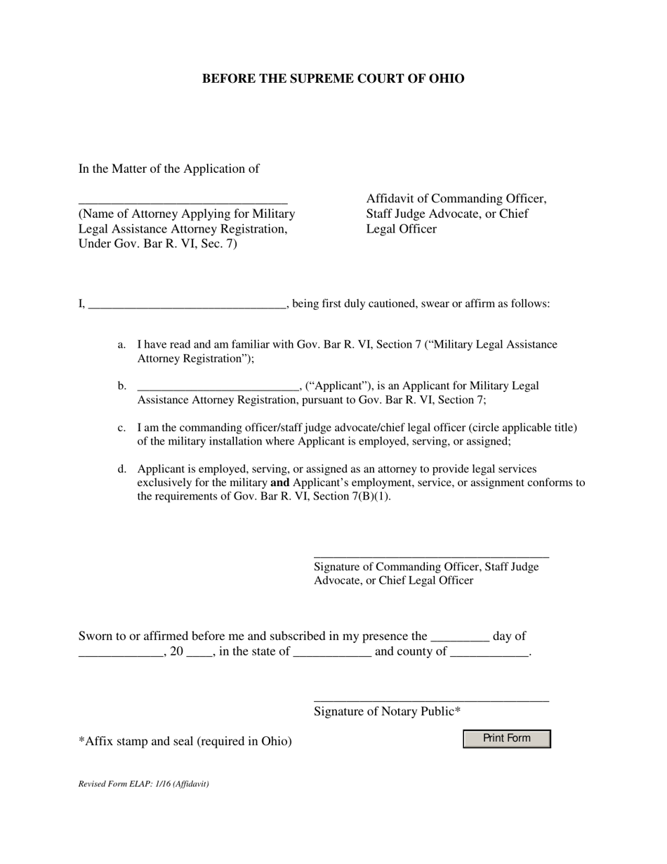 Ohio Affidavit of Commanding Officer, Staff Judge Advocate, or Chief ...